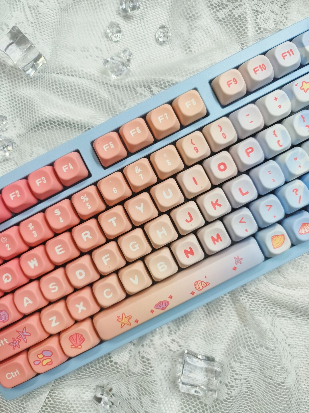 Kawaii Gaming Red to Blue Gradient Seashells Themed Keycaps PBT 139 Set ...