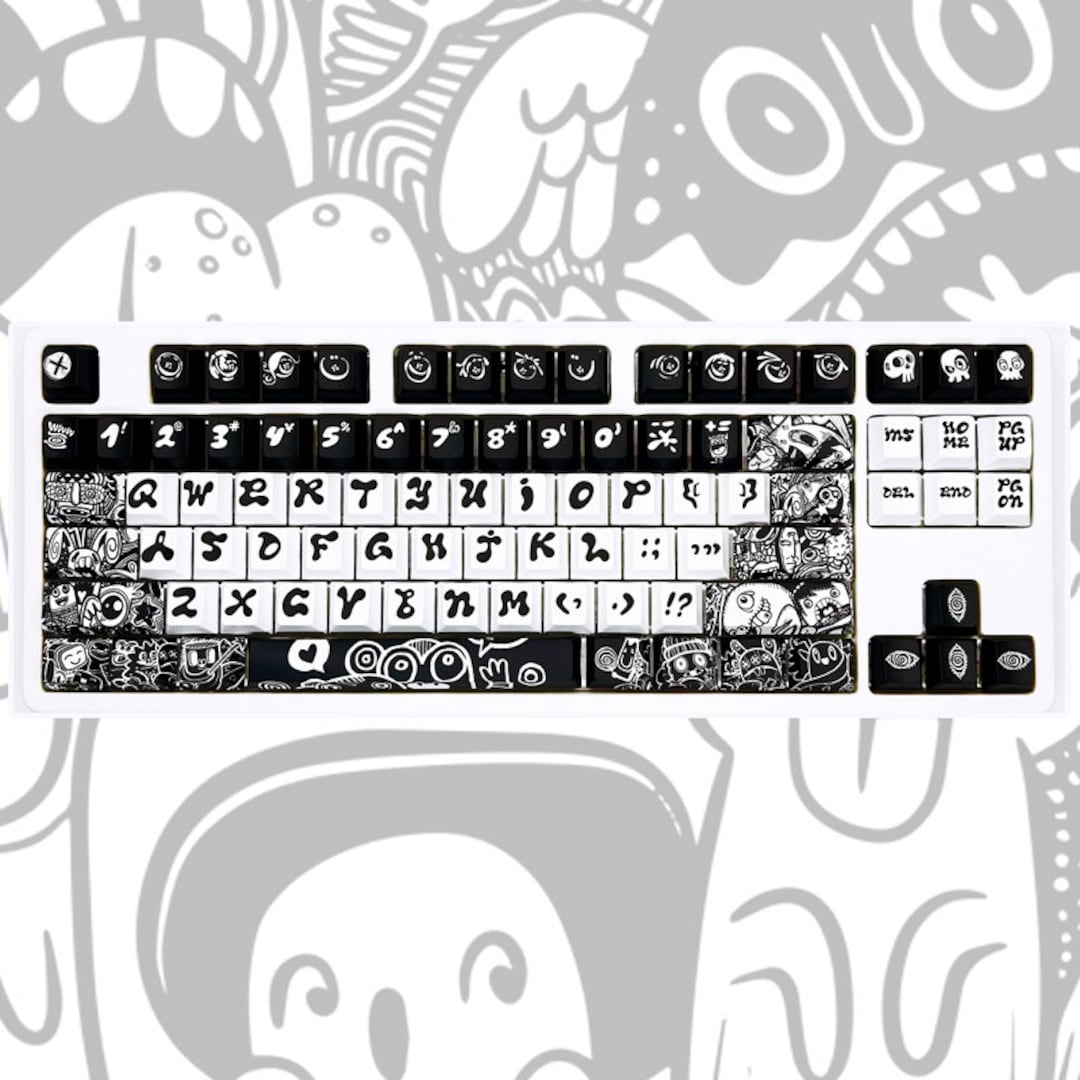 Kawaii Gaming Comic Doodle Themed Black and White Keycaps PBT 131 Set ...
