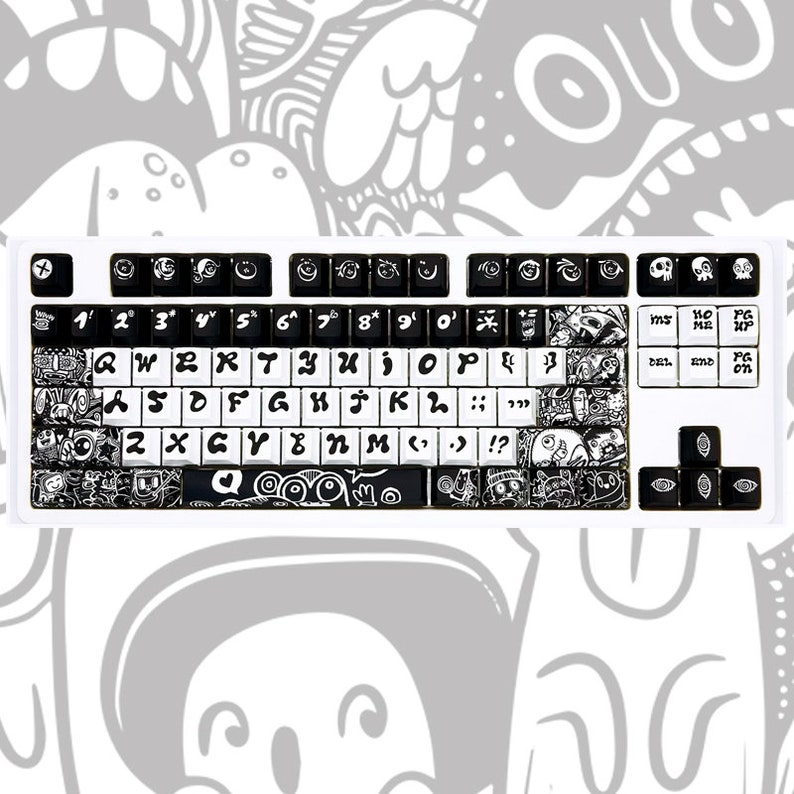 Kawaii Gaming Comic Doodle Themed Black and White Keycaps PBT 131 Set ...