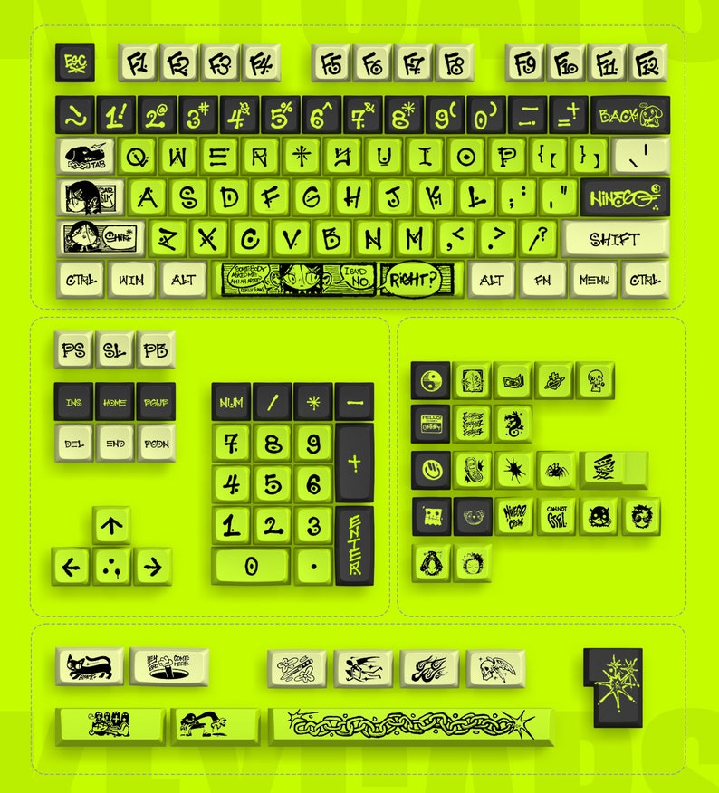 Kawaii Gaming NINEGO Inspired Comic Keycaps PBT 135 Set MDA Profile for ...