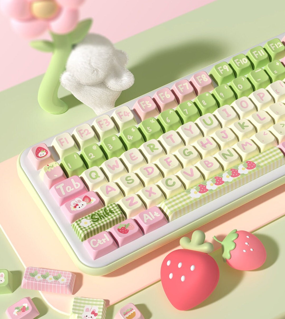Kawaii Gaming Strawberry Milk Bunny Themed Keycaps PBT 158 Set MDA or ...