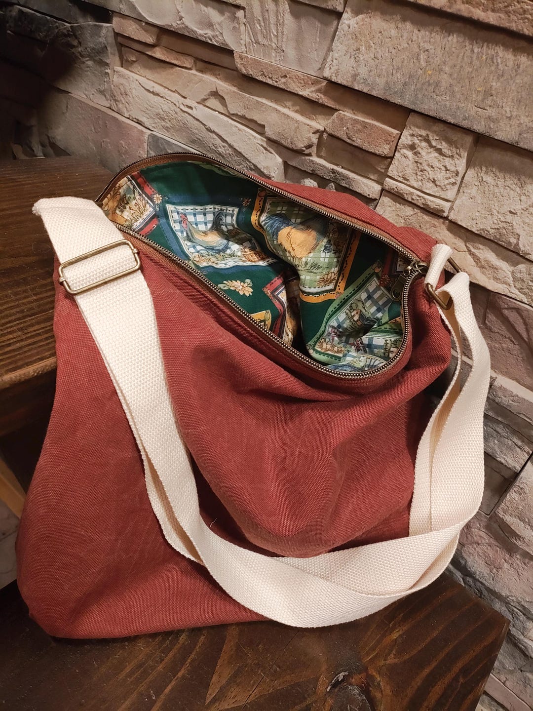 Denim Crossbody Bag: Rust Brown, Green, Chickens - Etsy
