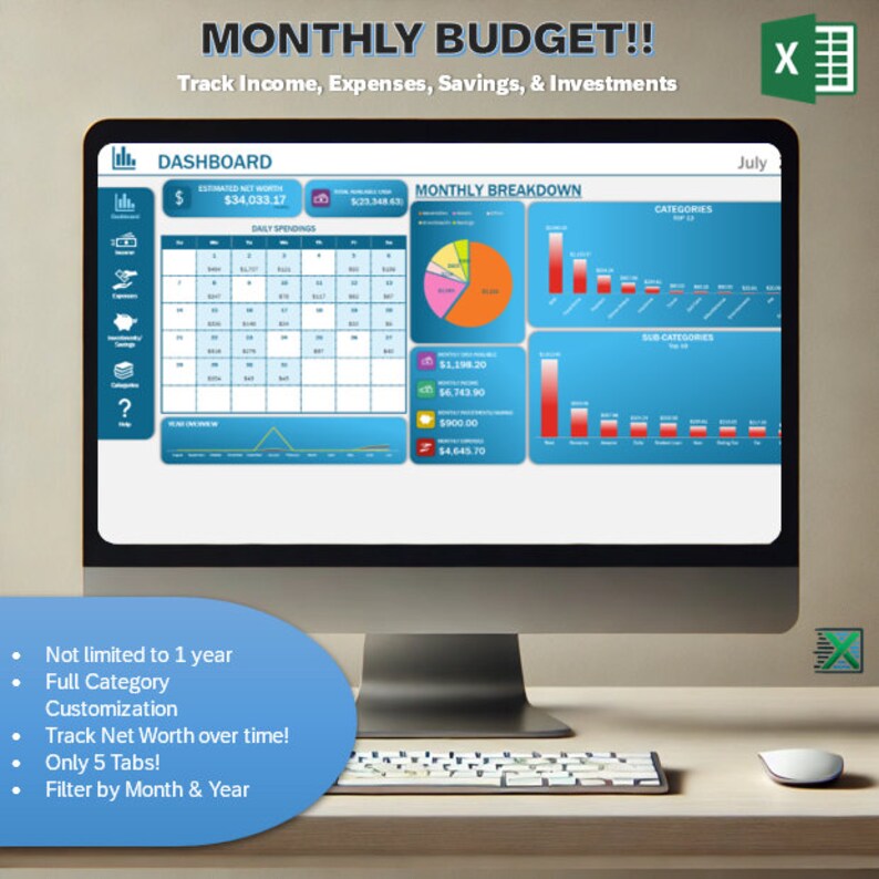 Simple Excel Budget Dashboard | Expense, Income, Savings, & Investment ...