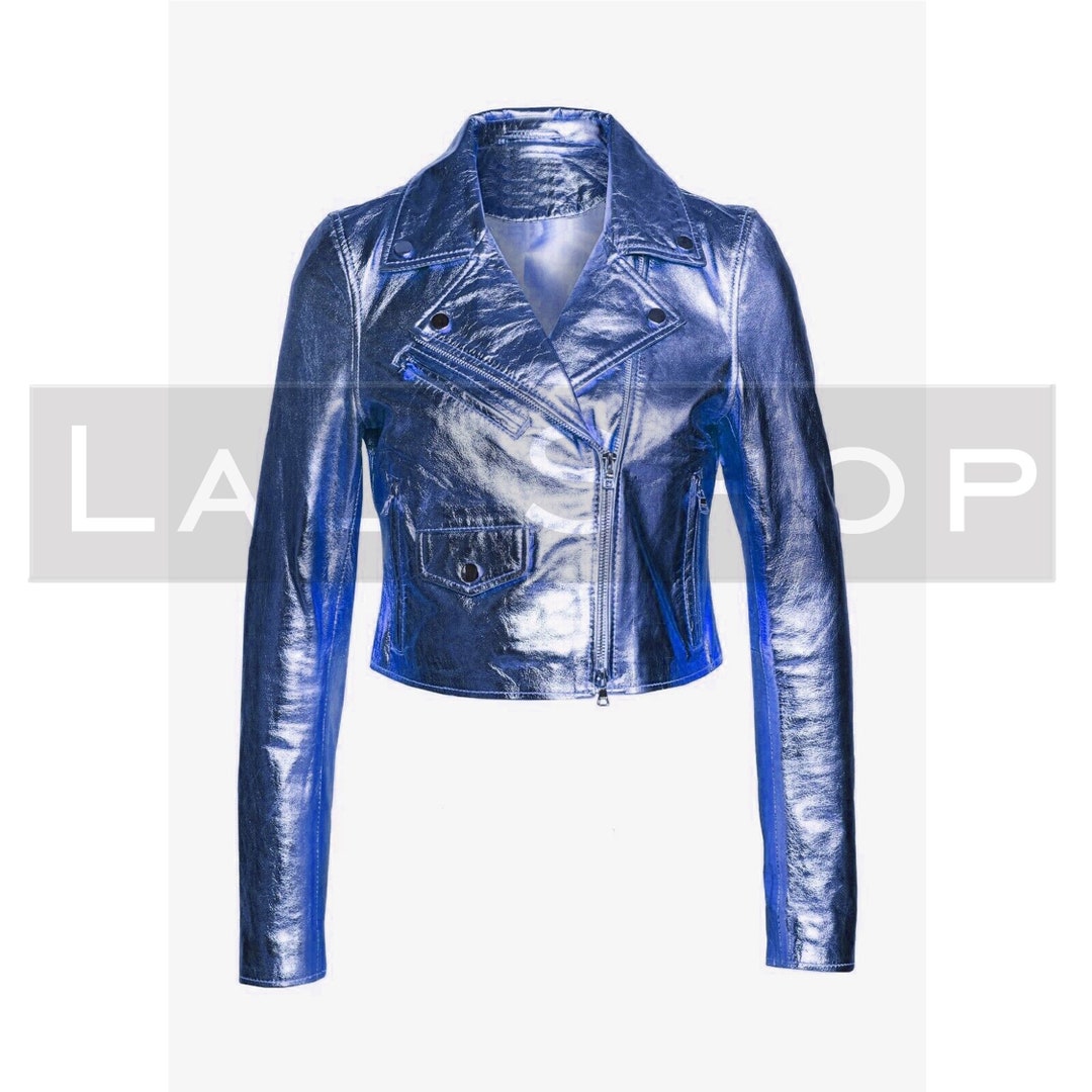 Women Metallic Blue Crop Motorcycle Jacket Women Real Leather - Etsy