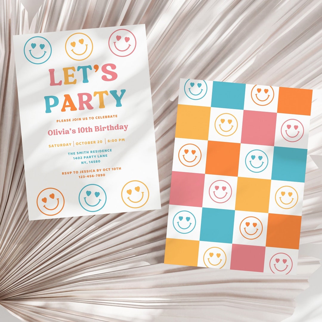 Smiley Face Birthday Invitation Kids Teens Birthday Party - Etsy