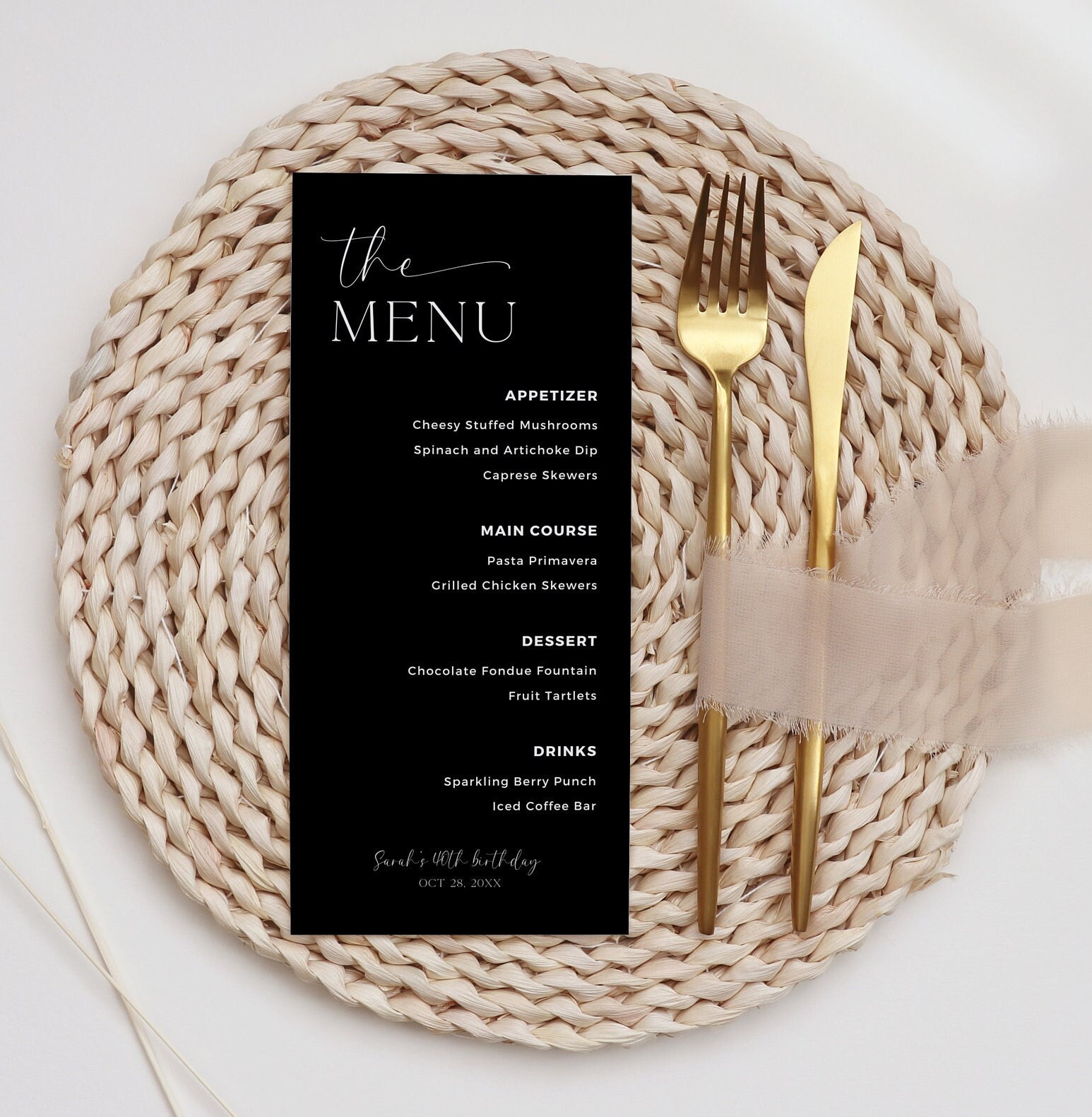 Black Menu Card Template, Modern Elegant Minimalist Printable Birthday ...