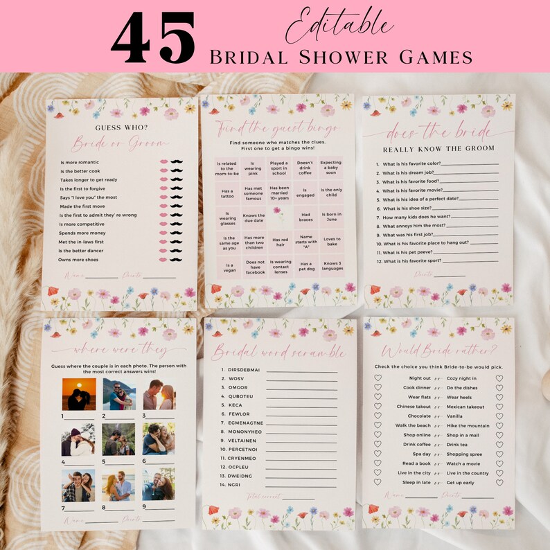 Wildflower Bridal Shower Invitation Bundle, Floral Bridal Shower Games ...