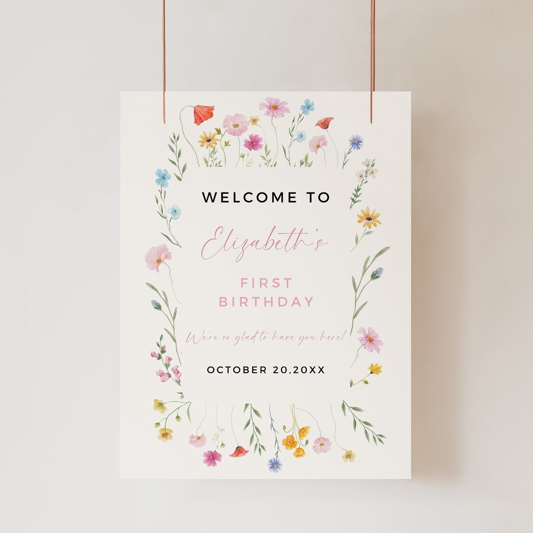 Wildflower First Birthday Welcome Sign: Editable Garden Party Poster ...