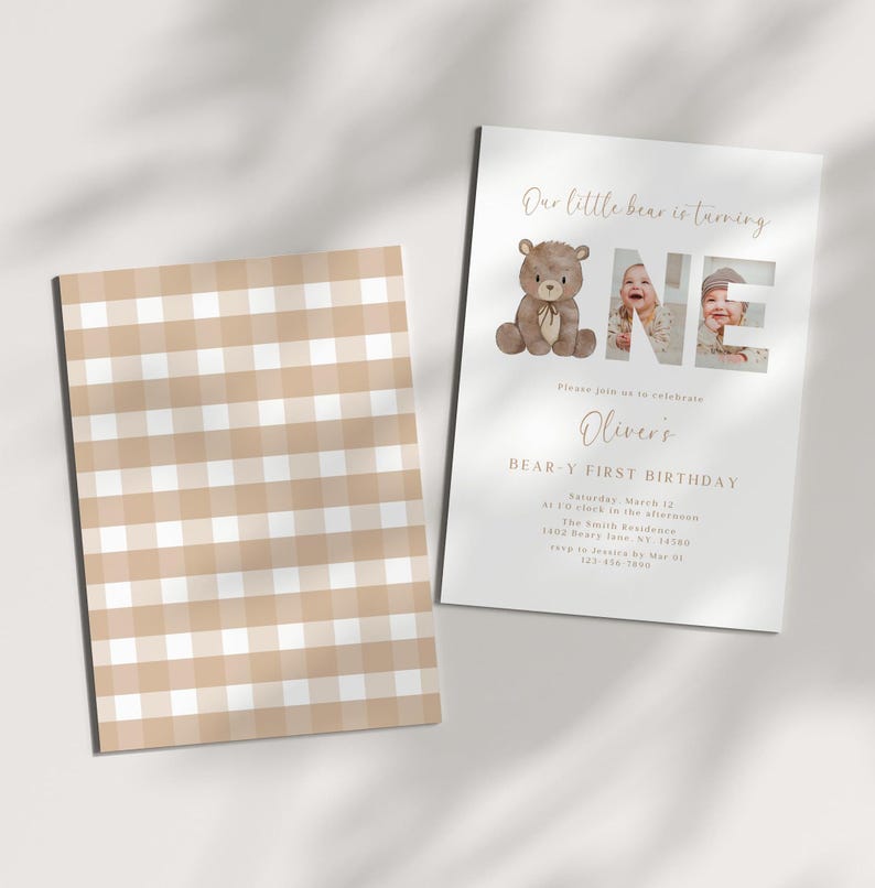 Beary First Birthday Printable Invitation, Boy Girl 1st Bday Minimalist ...