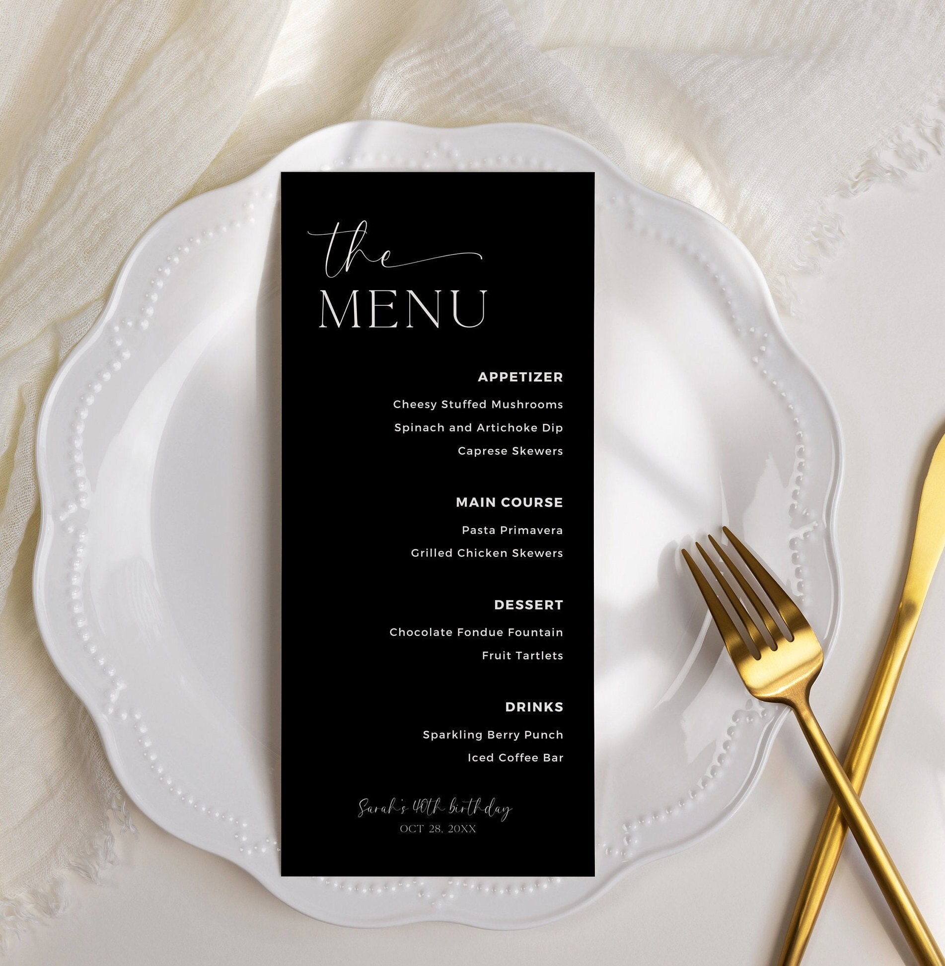 Black Menu Card Template, Modern Elegant Minimalist Printable Birthday ...