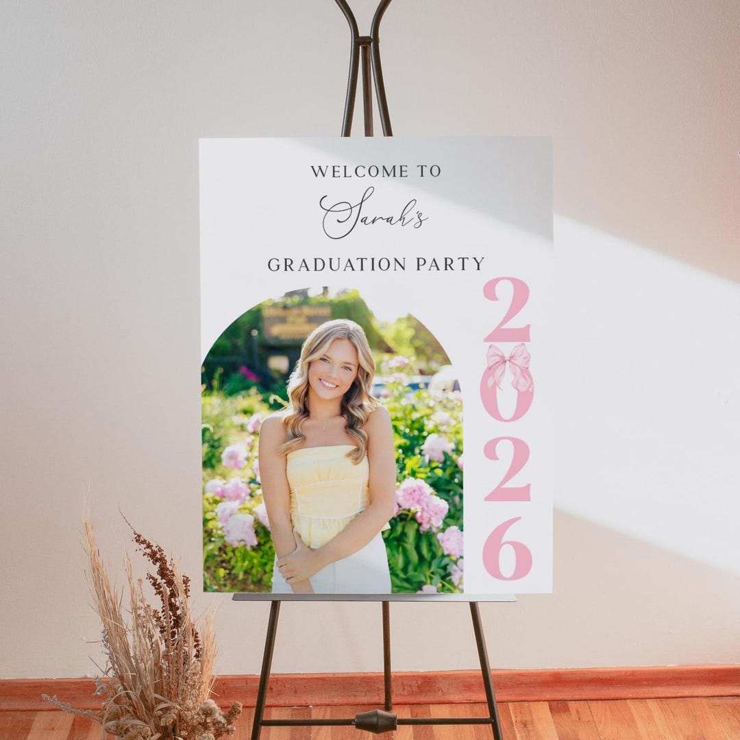 Pink Bow Graduation Welcome Sign: Coquette Photo Banner (editable Canva ...