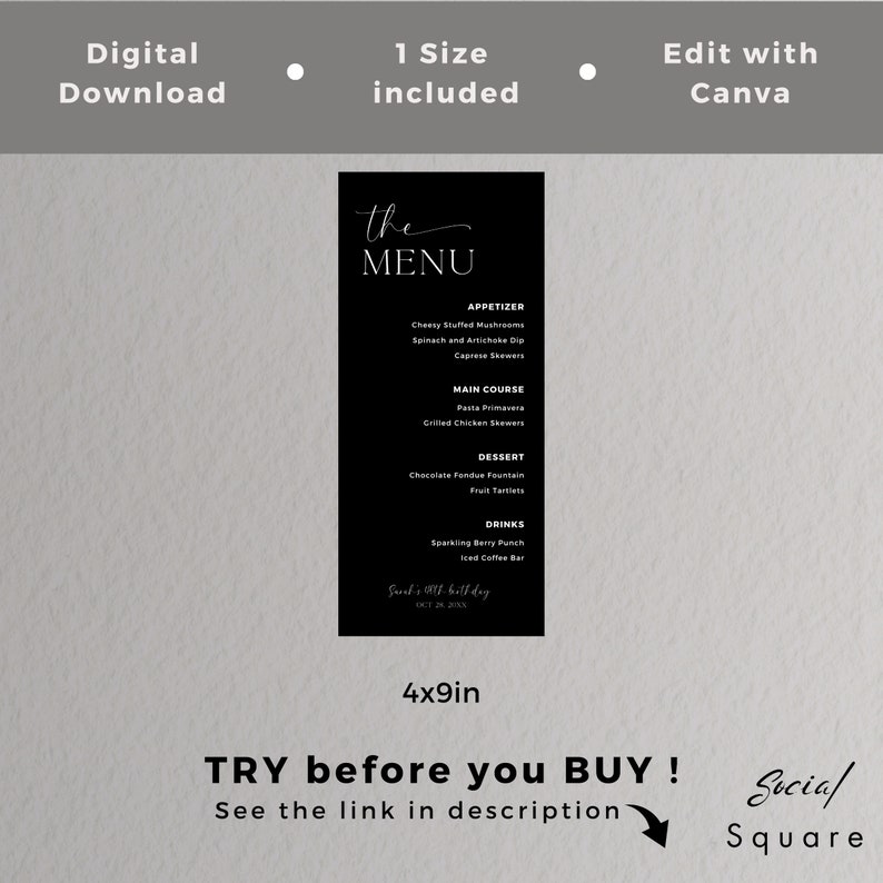 Black Menu Card Template, Modern Elegant Minimalist Printable Birthday ...