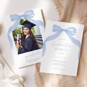 Blue Bow Graduation Party Announcement Invitation, Coquette Girl Grad ...