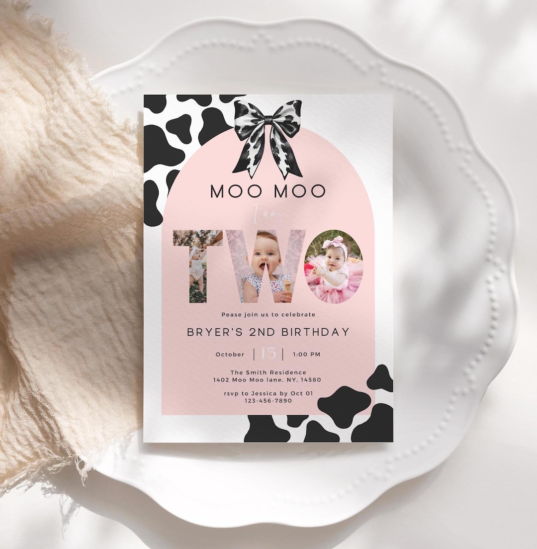 Moo Moo I'm Two Girl Birthday Invitation: Farm Animals Photo, Editable ...