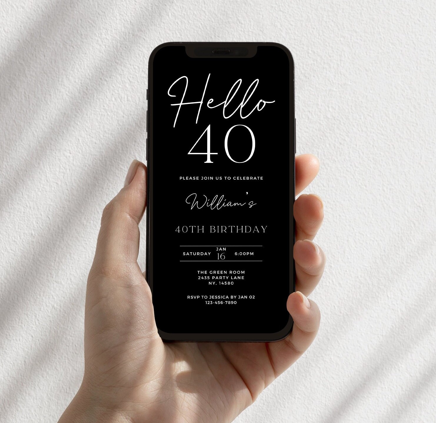 40th Birthday Party Digital Invitation, Hello Forty Minimalist Invite ...