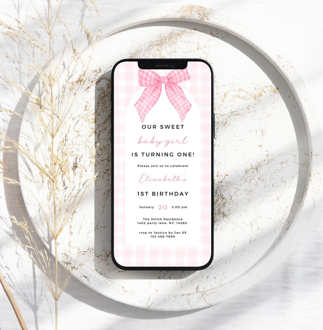 Pink Gingham Bow Girls Just Wanna Be One First Birthday Digital ...