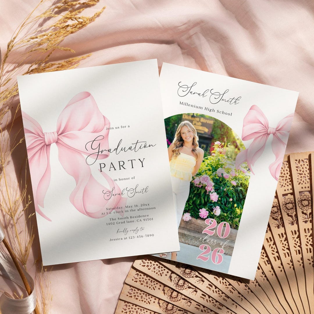 Pink Bow Graduation Party Invitation: Photo Grad Evite (canva Template ...
