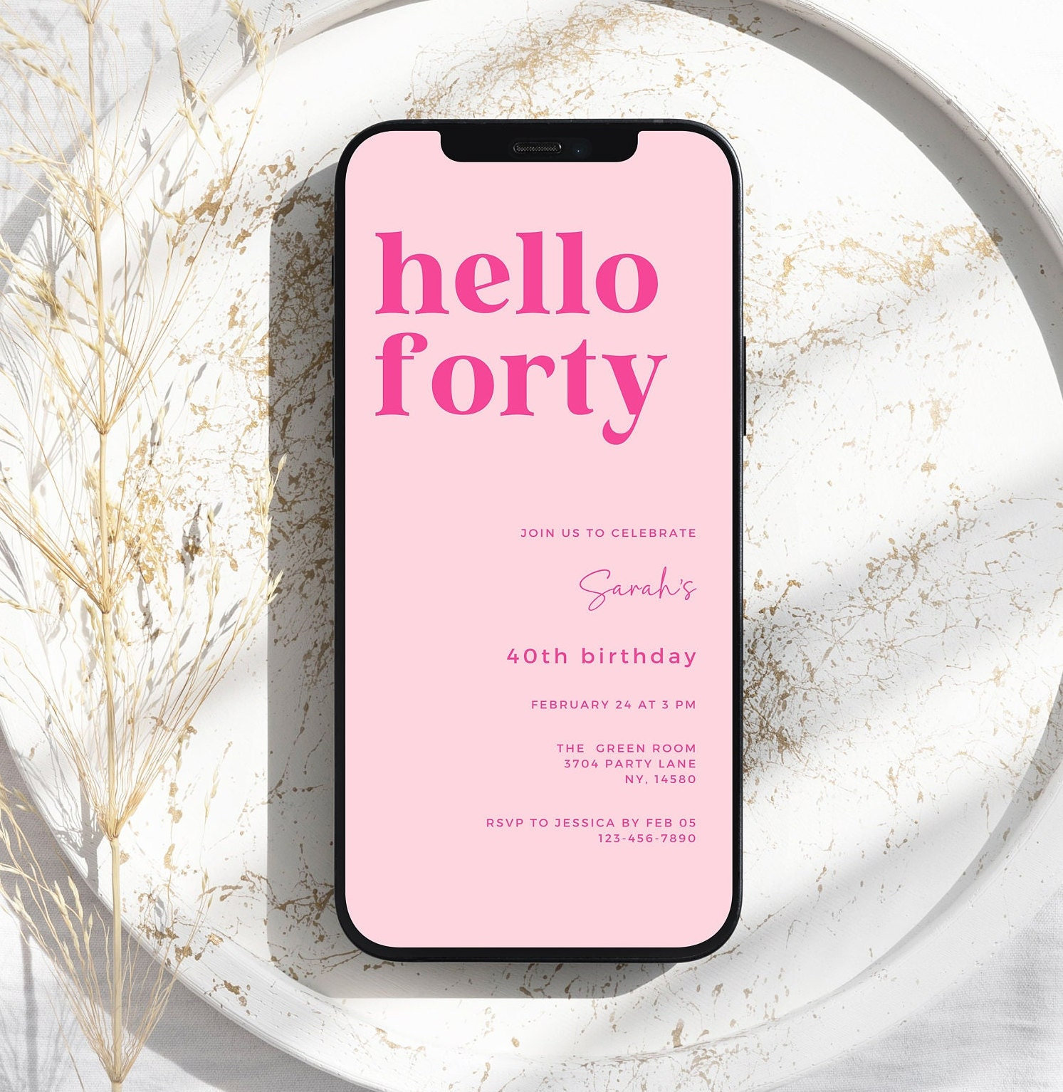 Hello Forty 40th Birthday Invitation, Hot Pink Woman Birthday Party ...