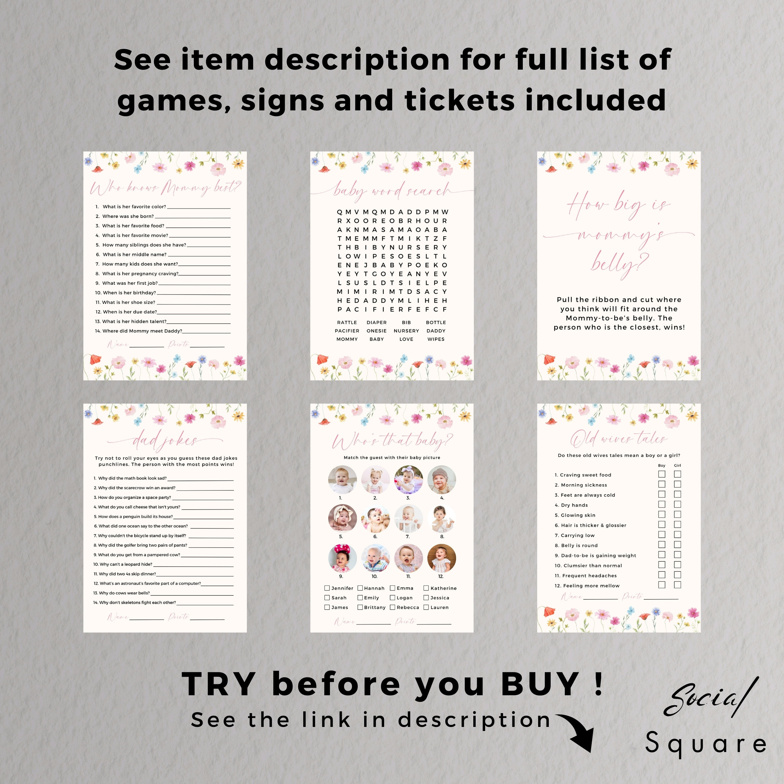 Baby Shower Game Bundle, Wildflower Baby in Bloom Floral Games Pack ...