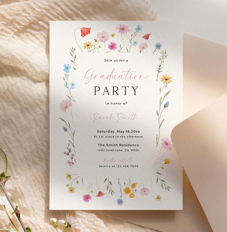 Wildflower Graduation Party Invitation: Boho Floral Photo (editable ...