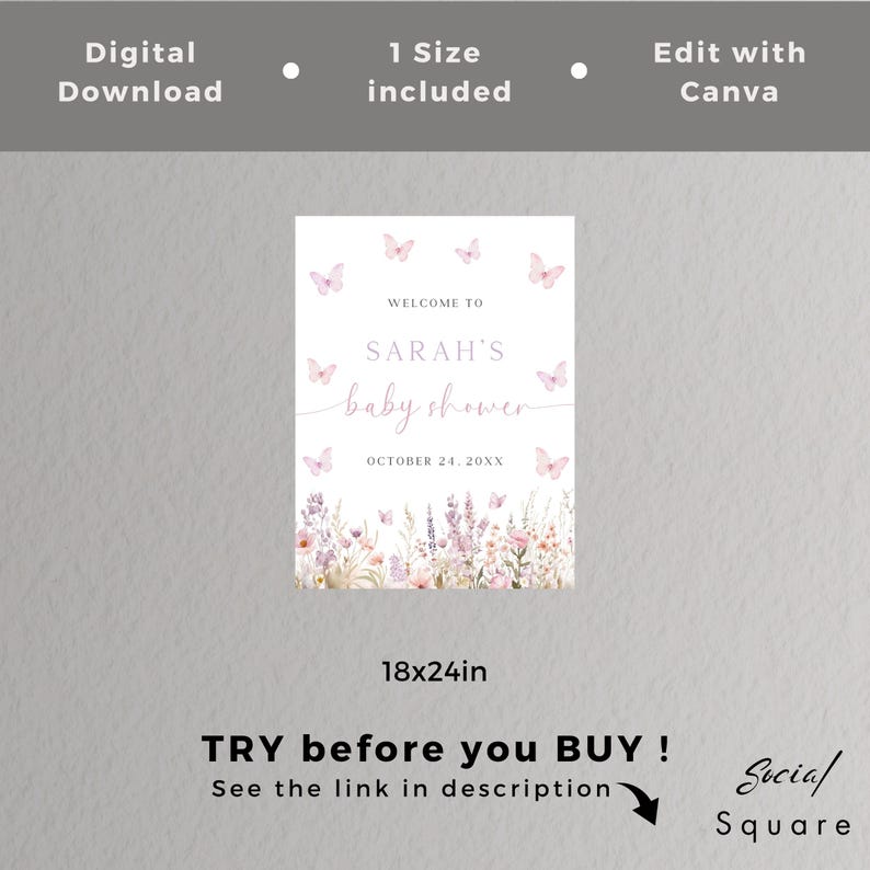 Butterfly Baby Shower Welcome Sign, Wildflower Baby in Bloom Purple ...