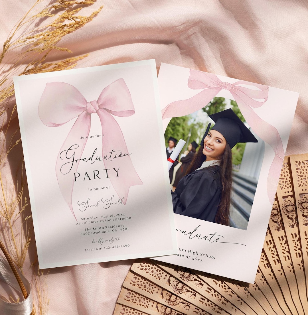 Pink Bow Graduation Party Announcement Invitation, Coquette Girl Grad ...