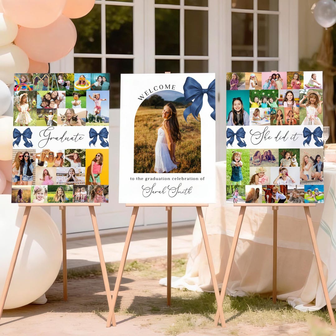Blue Bow Graduation Photo Collage Sign: Coquette Grad Decor (editable ...