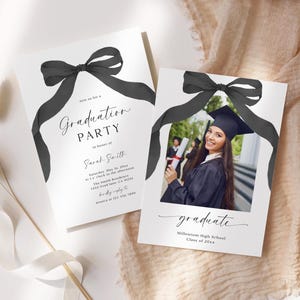 Black Bow Graduation Party Announcement Invitation, Coquette Girl Grad ...