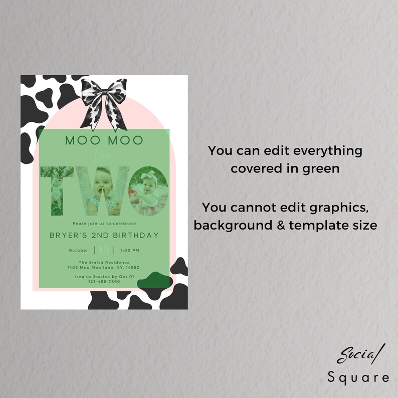 Moo Moo I'm Two Girl Birthday Invitation: Farm Animals Photo, Editable ...