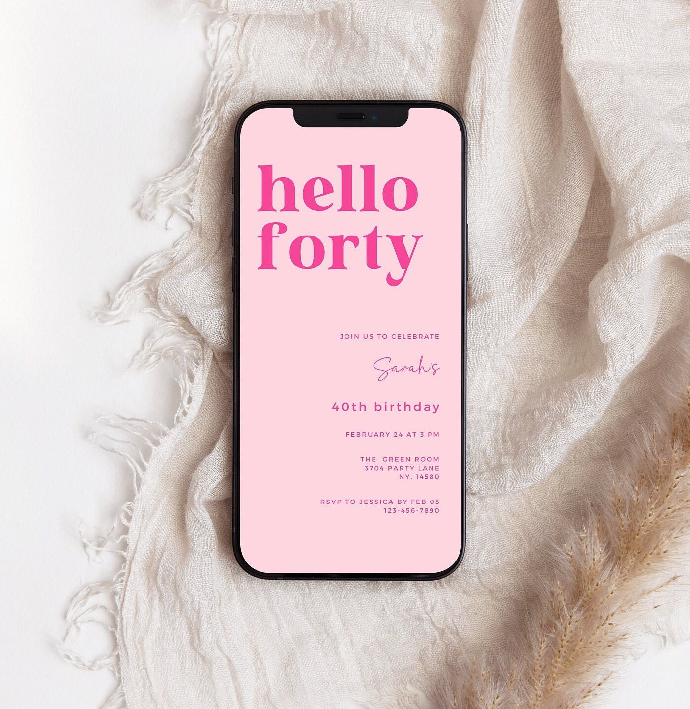 Hello Forty 40th Birthday Invitation, Hot Pink Woman Birthday Party ...