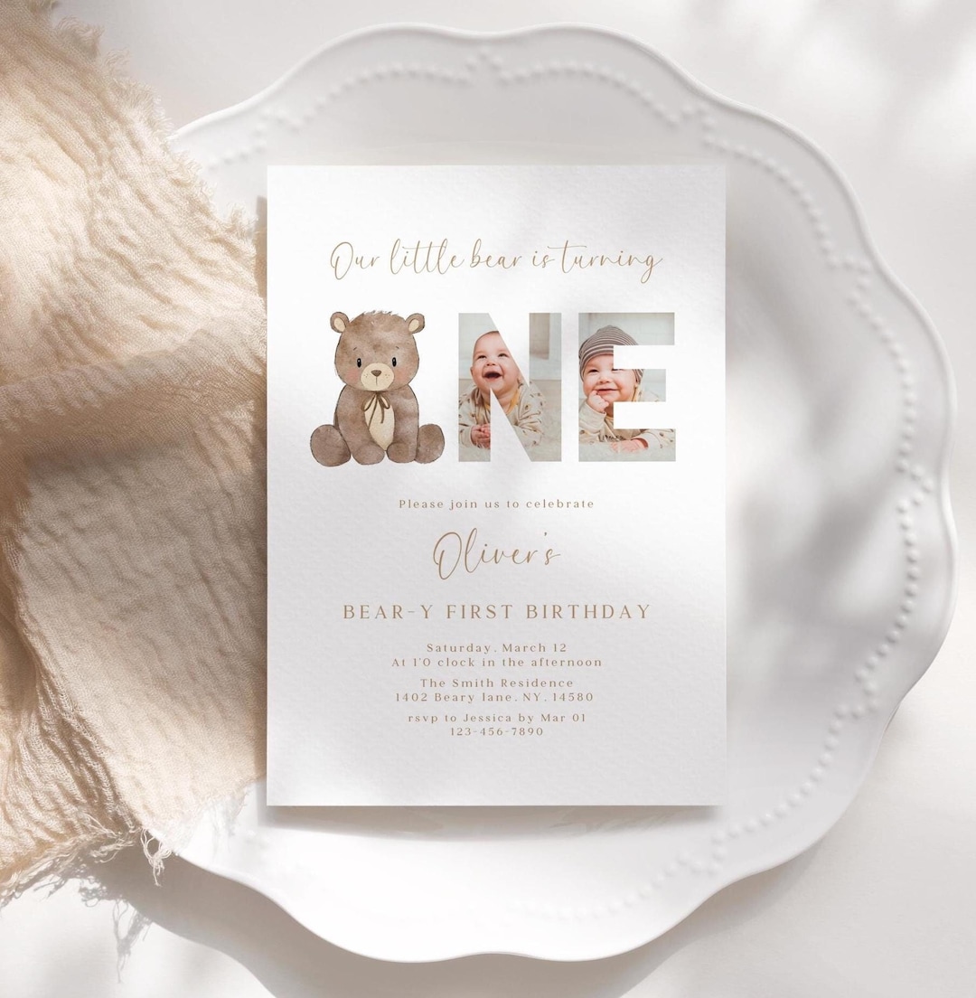 Beary First Birthday Printable Invitation, Boy Girl 1st Bday Minimalist ...