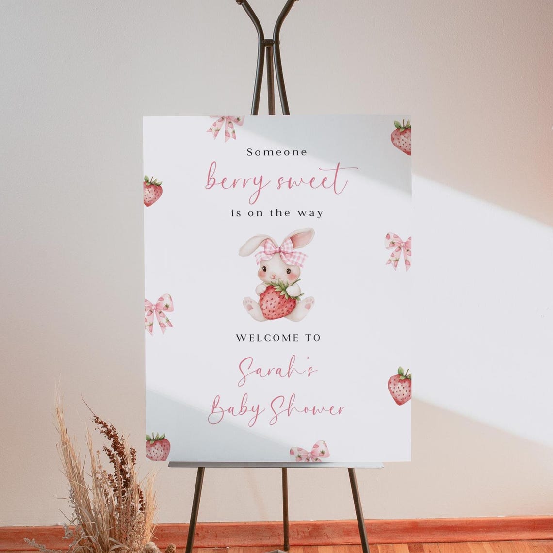 Berry Sweet Baby Shower Welcome Sign: Strawberry Bunny, Editable Canva ...