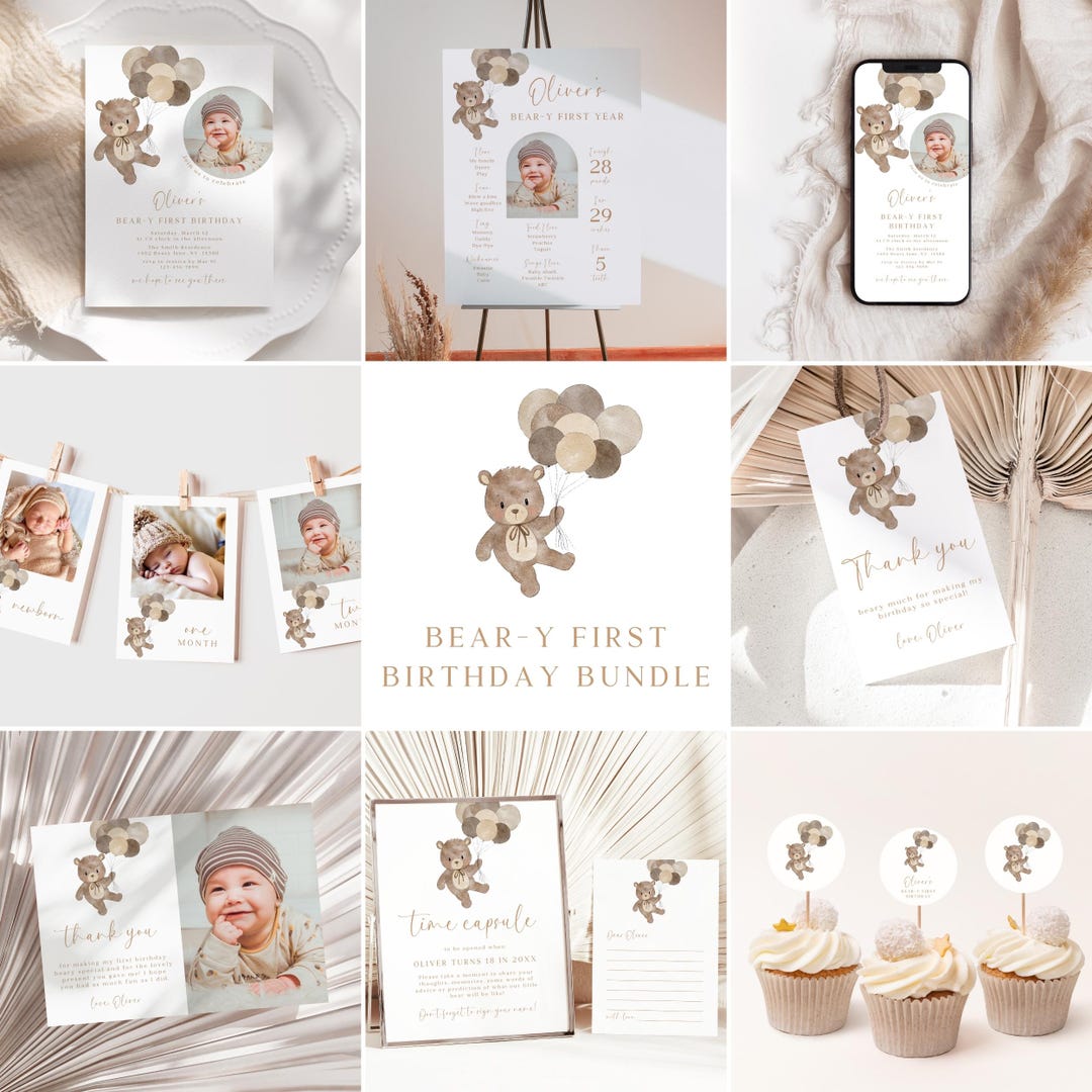 Beary First Birthday Invitation Bundle, Teddy Bear Neutral Boy Girl 1st ...