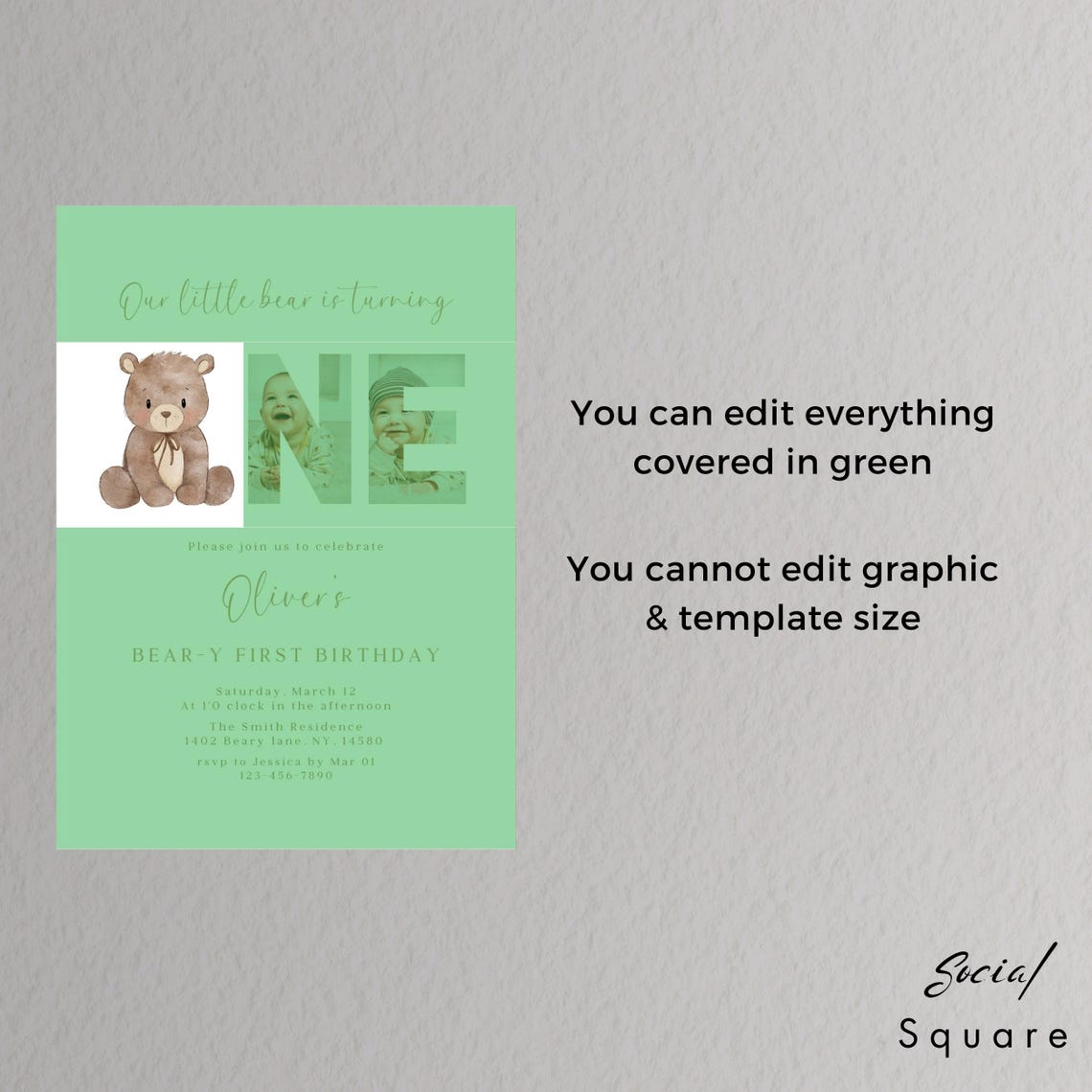 Beary First Birthday Printable Invitation, Boy Girl 1st Bday Minimalist ...