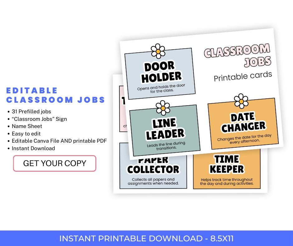 Classroom Jobs Printable | Editable Classroom Job Cards | Teacher ...