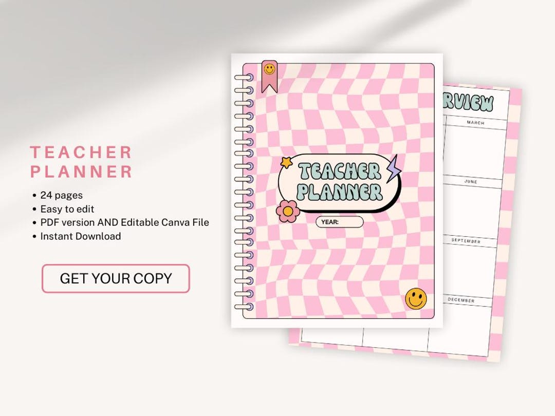 Pink Checkered Teacher Planner | Editable, Printable (PDF + Canva) - Etsy