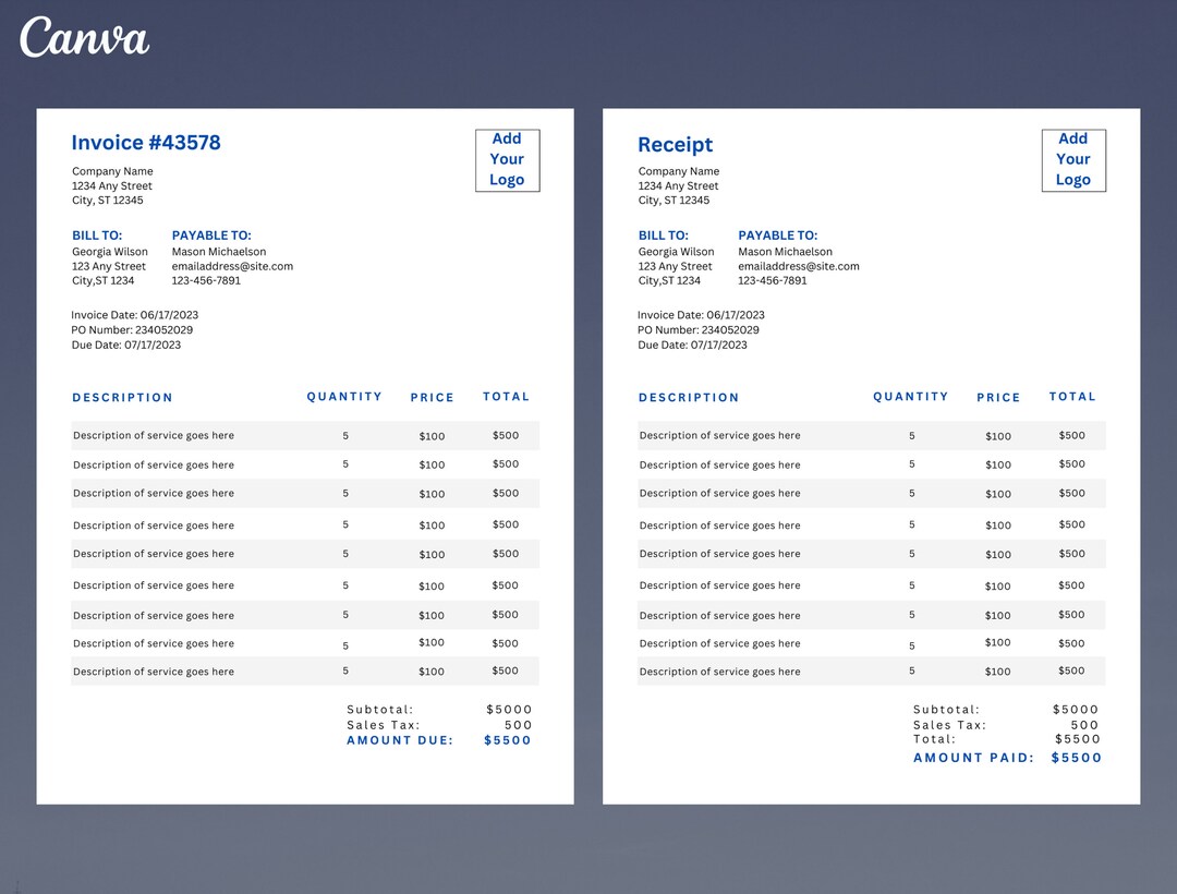 Invoice Receipt Edit Download Print Customize Small Business Template ...