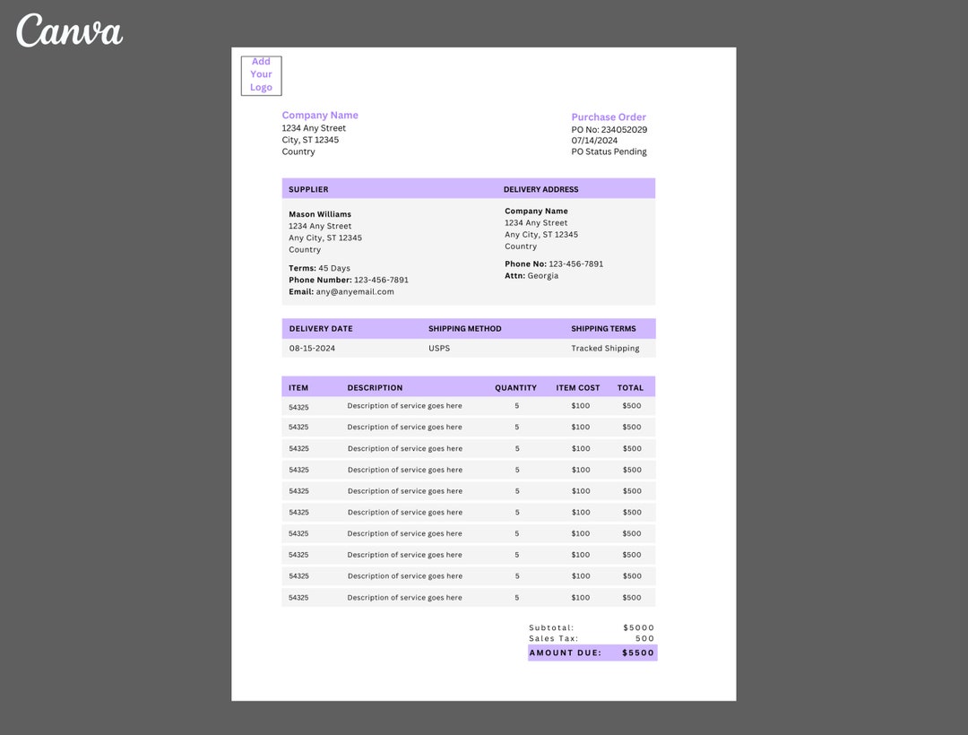 Purchase Order PO Edit Download Print Customize Small Business - Etsy