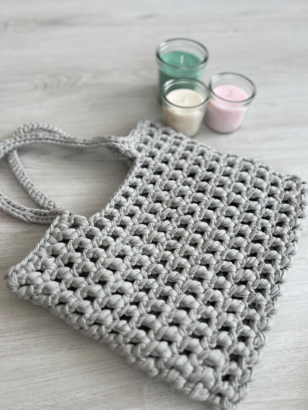 Tshirt Yarn Bag, Veronica Bag, Crochet Shoulder Bag, Handmade Gray ...