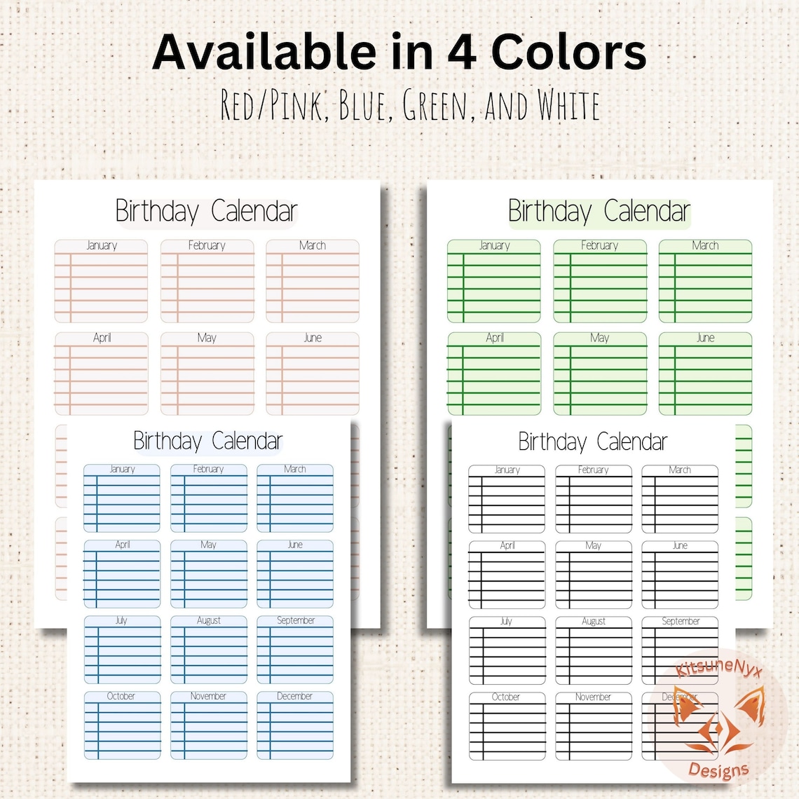 Birthday Calendar Birthday Tracker Birthday Template Printable PDF ...