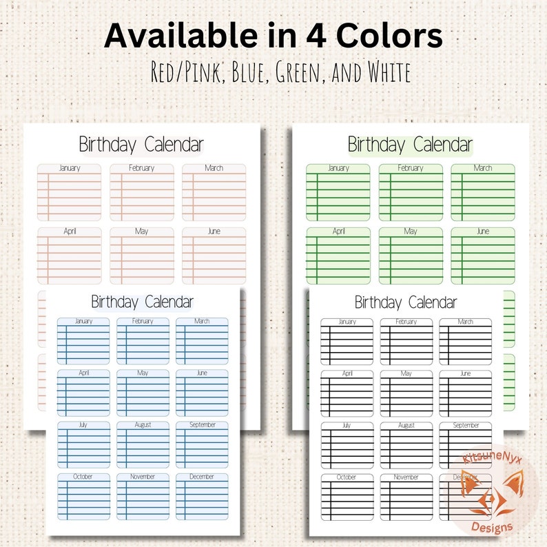 Birthday Calendar Birthday Tracker Birthday Template Printable PDF ...