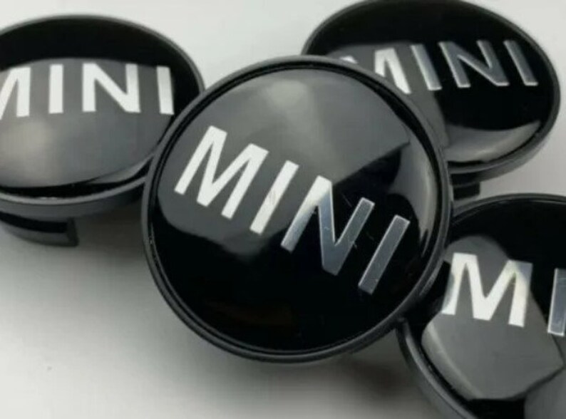 Set of 4 MINI ALLOY Wheel Centre Hub Caps Badge Black 54mm Cooper One S ...