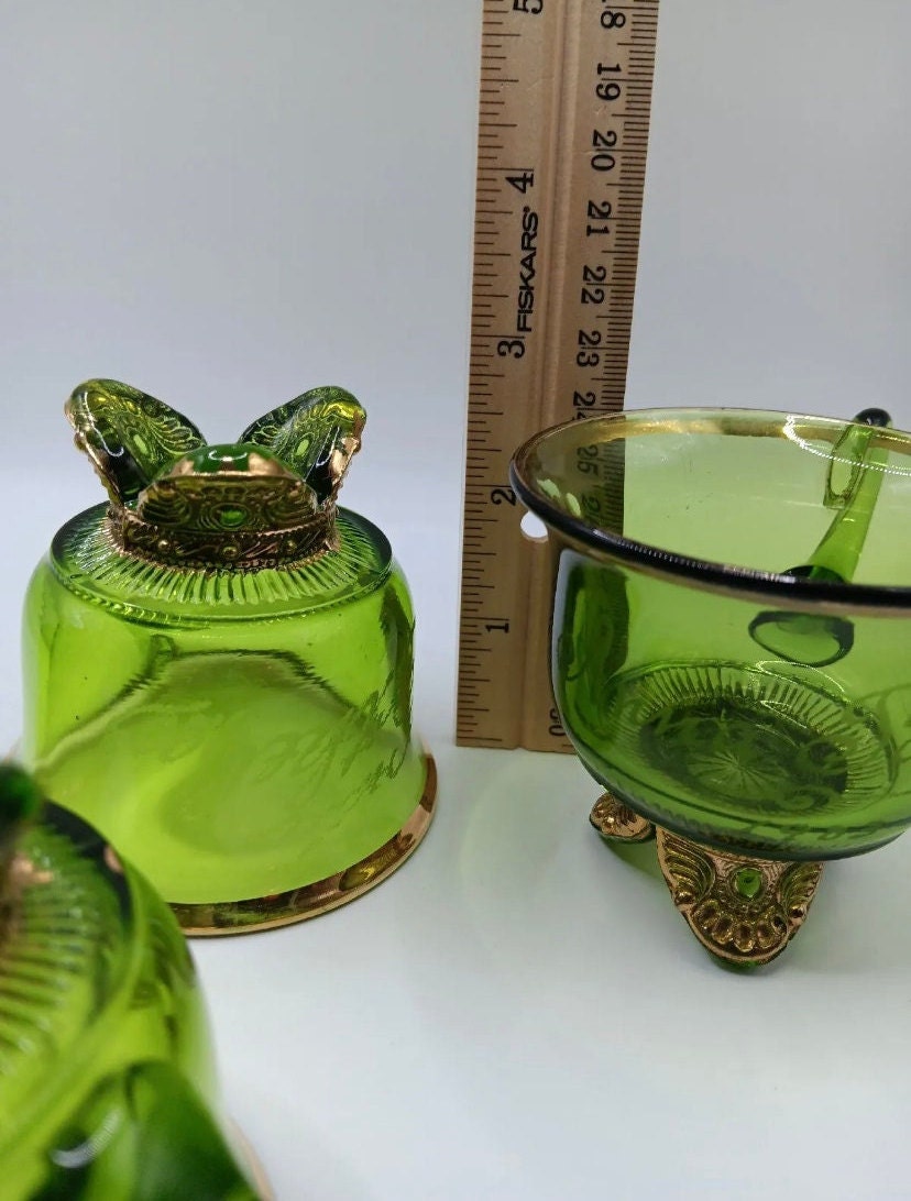 Lot of 4 Antique Souvenir Green Glass Cups With Etching and Gold Trim 2 ...