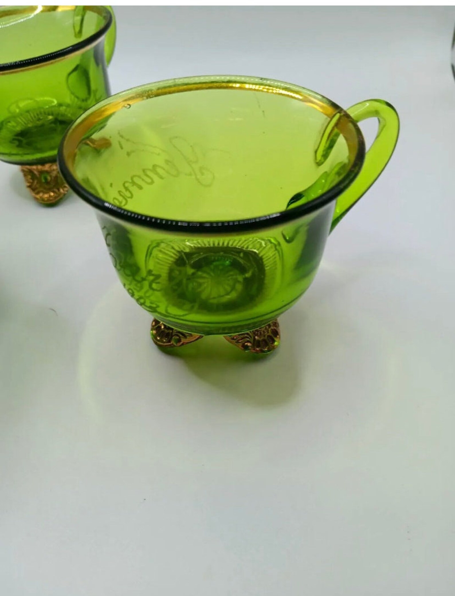Lot of 4 Antique Souvenir Green Glass Cups With Etching and Gold Trim 2 ...
