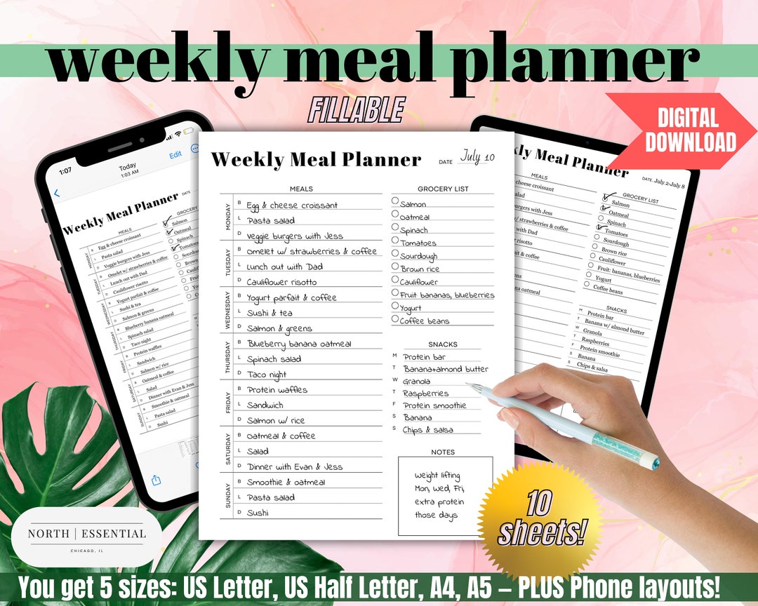Weekly Meal Planner, Digital Meal Planner, Grocery List, Food Menu ...