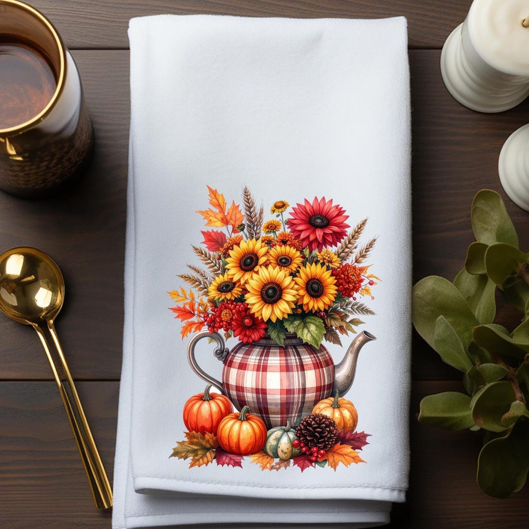 Floral Fall Teapot Velour Hand Towel, Powder Room Towel, Fingertip ...