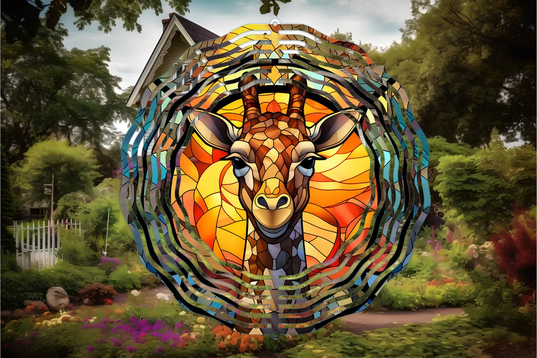 Faux Stained Glass Giraffe 10 Inch Double Sided Metal Wind Spinner-yard ...