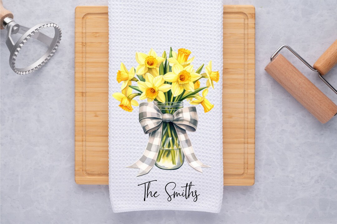 Personalized Daffodil Bouquet Tea Dish Hand Kitchen Towel, Custom ...