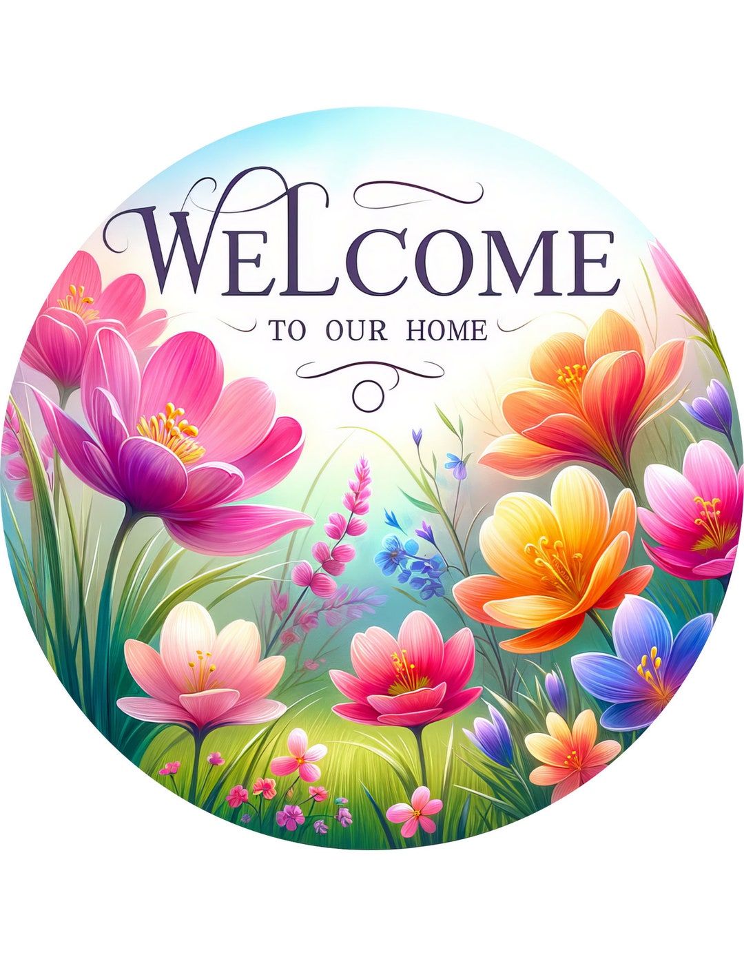 Welcome to Our Home Floral Wreath Sign, Round Wreath Sign, Bright ...