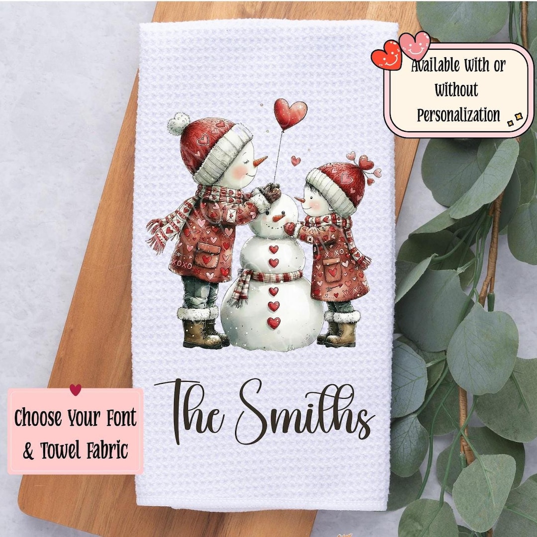 Personalized Snowmen Love Tea Dish Hand Kitchen Towel, Valentine's Day ...
